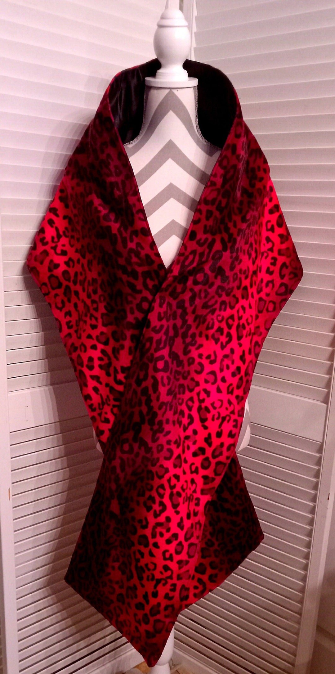 Faux Fur Leopard Shawl, Animal Print Wrap, Red and Black Stole ...