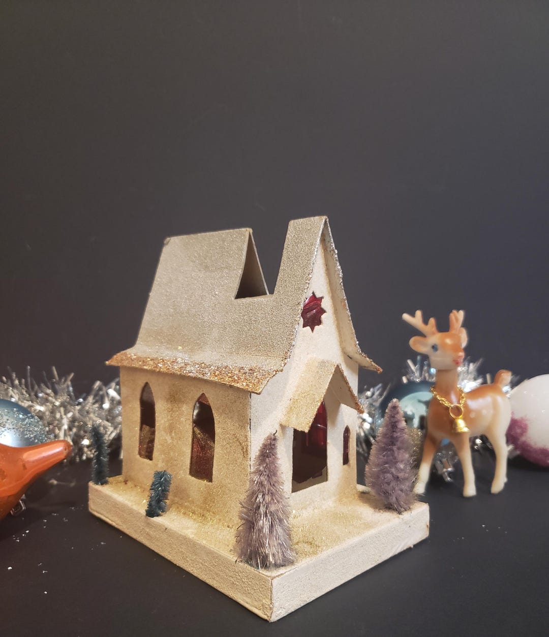 Vintage Large Original MCM Putz House Church W/ Trees and Gold Glitter ...