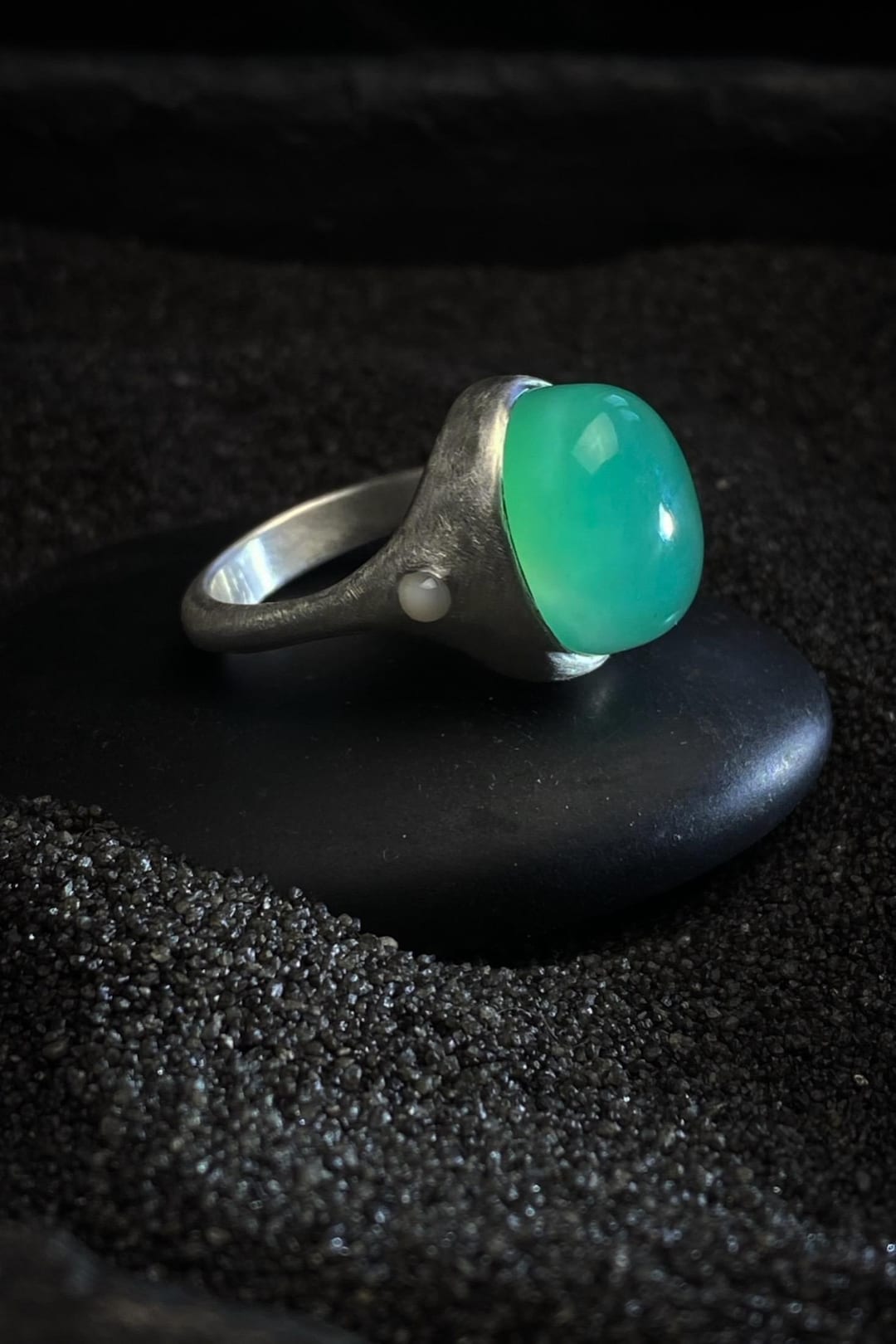 Eye-catching Silver Ring With Rare Aquaprase and Two White Chalcedonies ...