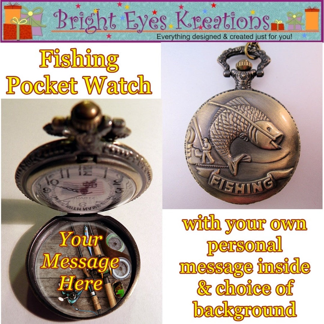 Personalized Message Fishing Pocket Watch W/ 31" Chain Necklace or 14 ...