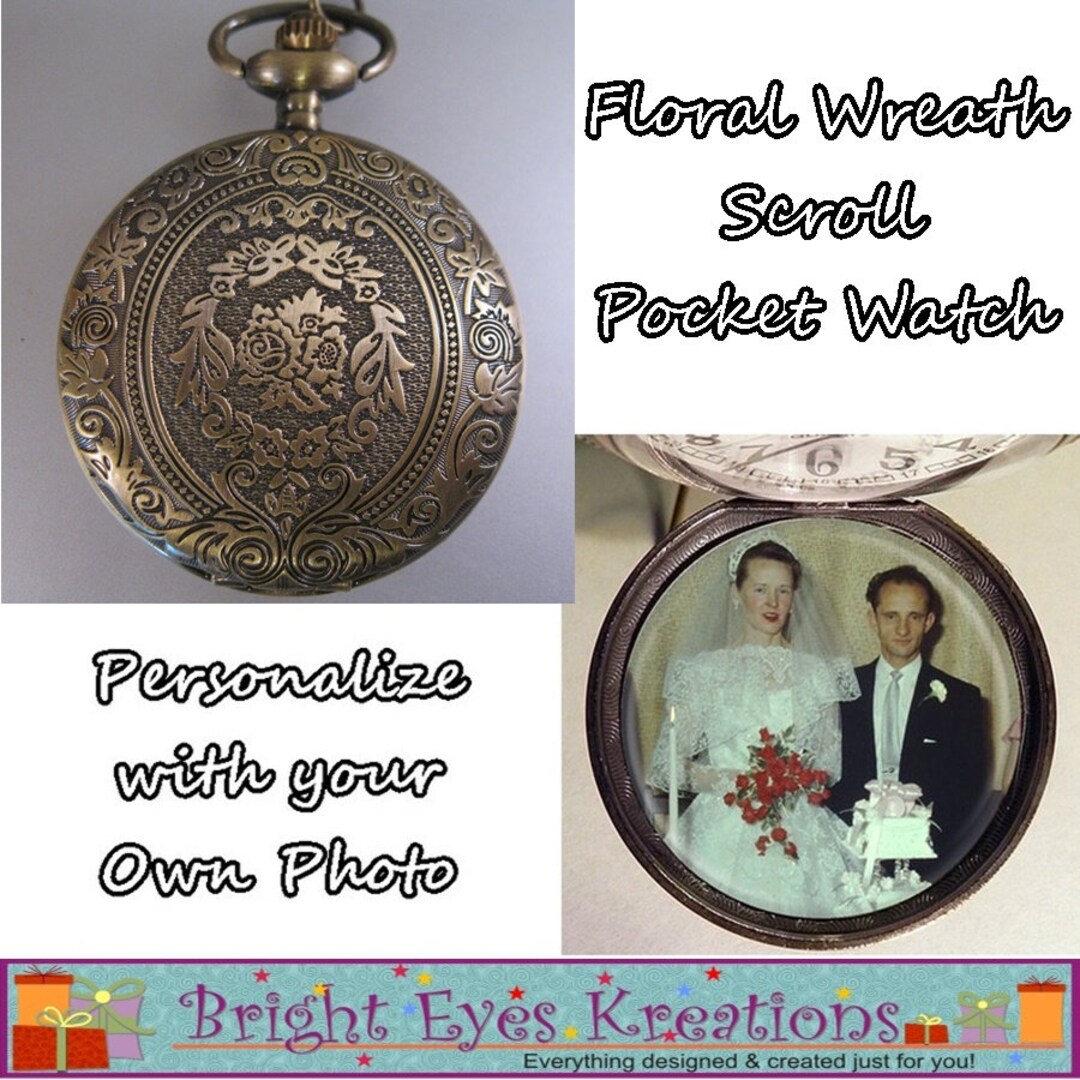 Floral Wreath Scroll Pocket Watch W/ Personalized Photo Gifts for ...