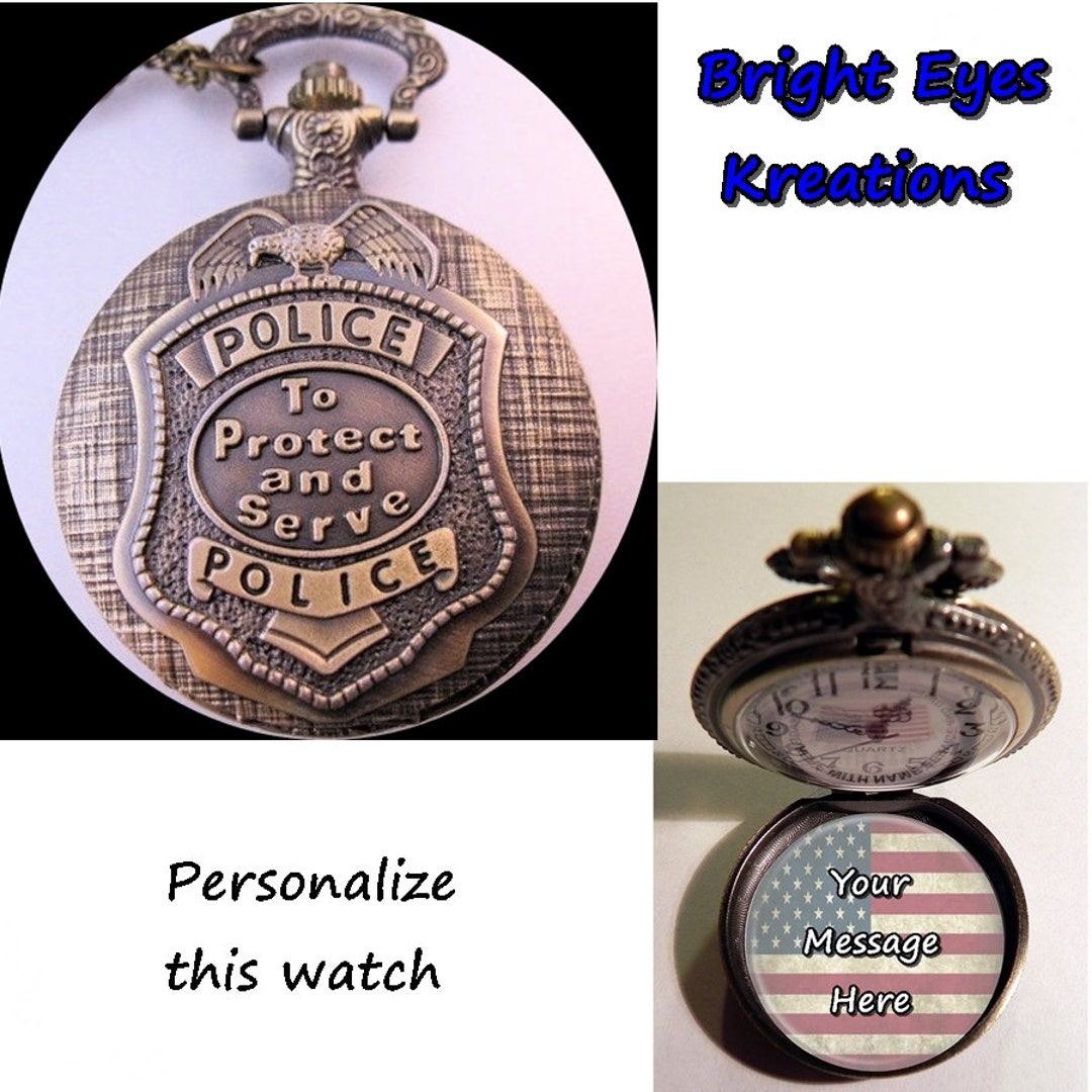 Custom Made Police Pocket Watch Personalized Message W/31" Chain OR 14 ...