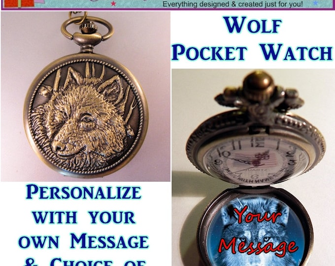 Personalized Message WOLF Pocket Watch W/ 31 Chain Necklace or 14 Belt ...