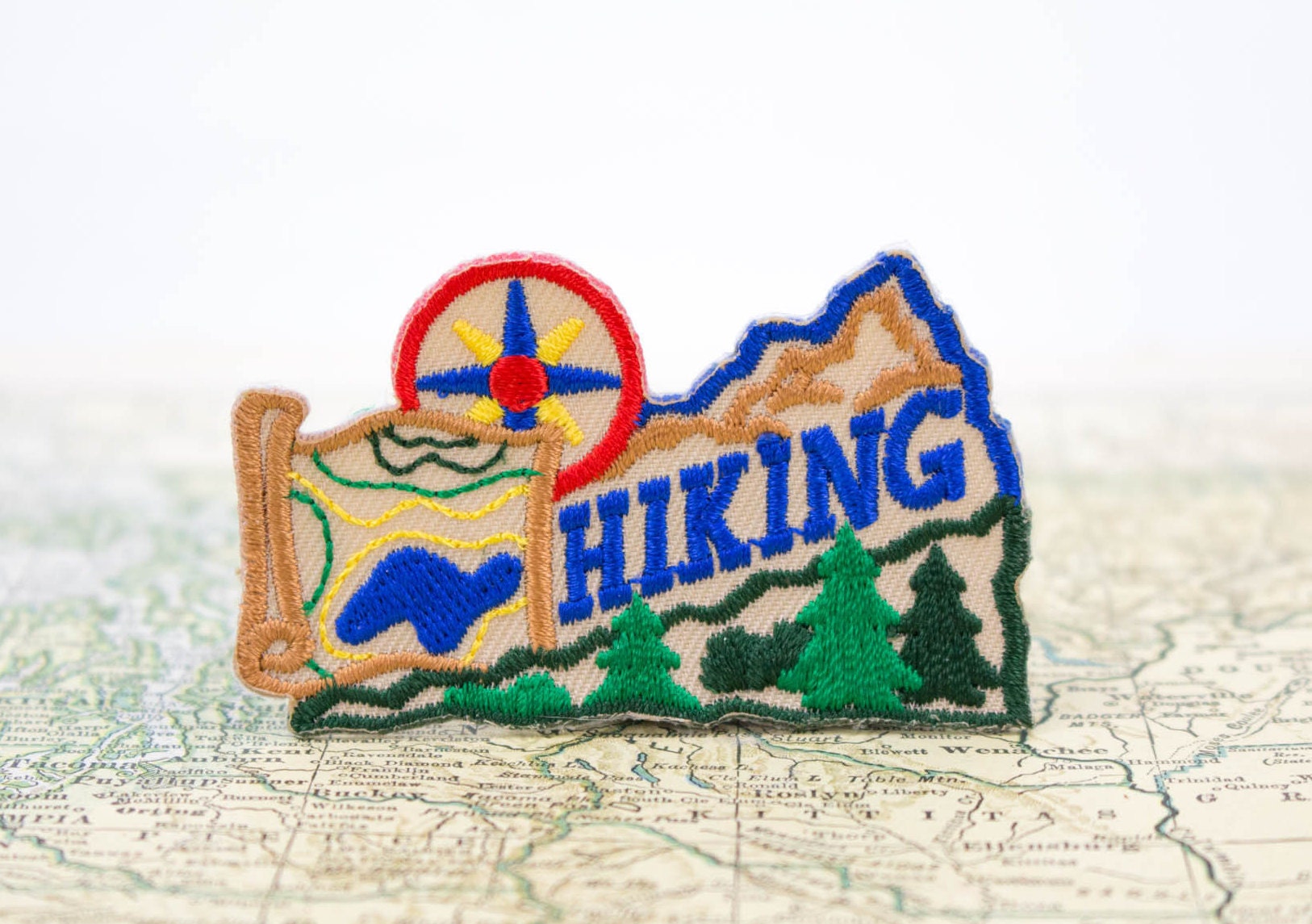 Hiking Patch Iron On Map Compass Trees Lake | Etsy