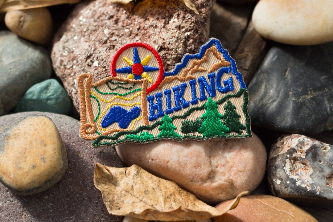 Hiking Patch, Iron On, Map - Compass - Trees - Lake, Embroidered, Hike ...