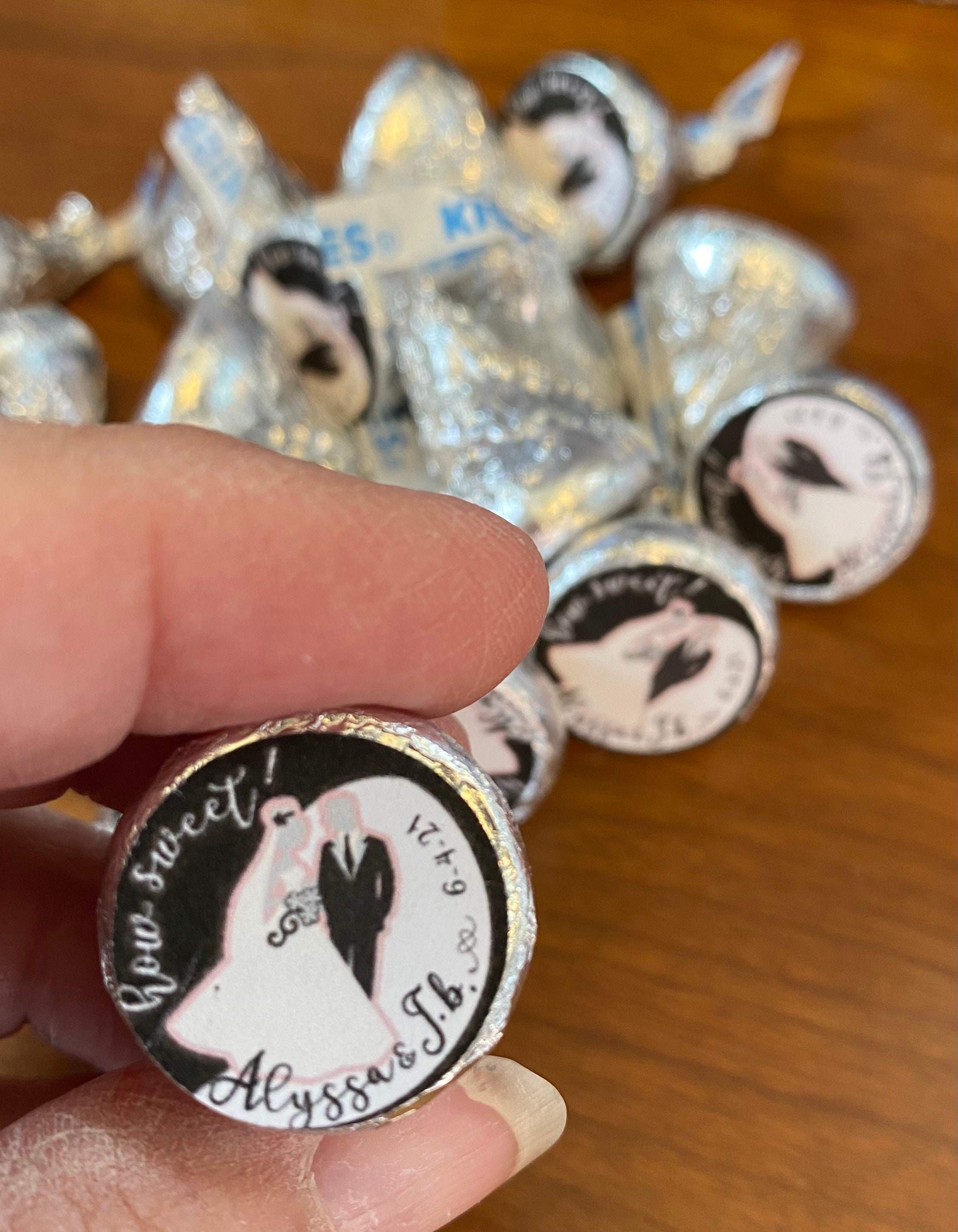 Personalized wedding stickers for chocolate kiss favors | Etsy