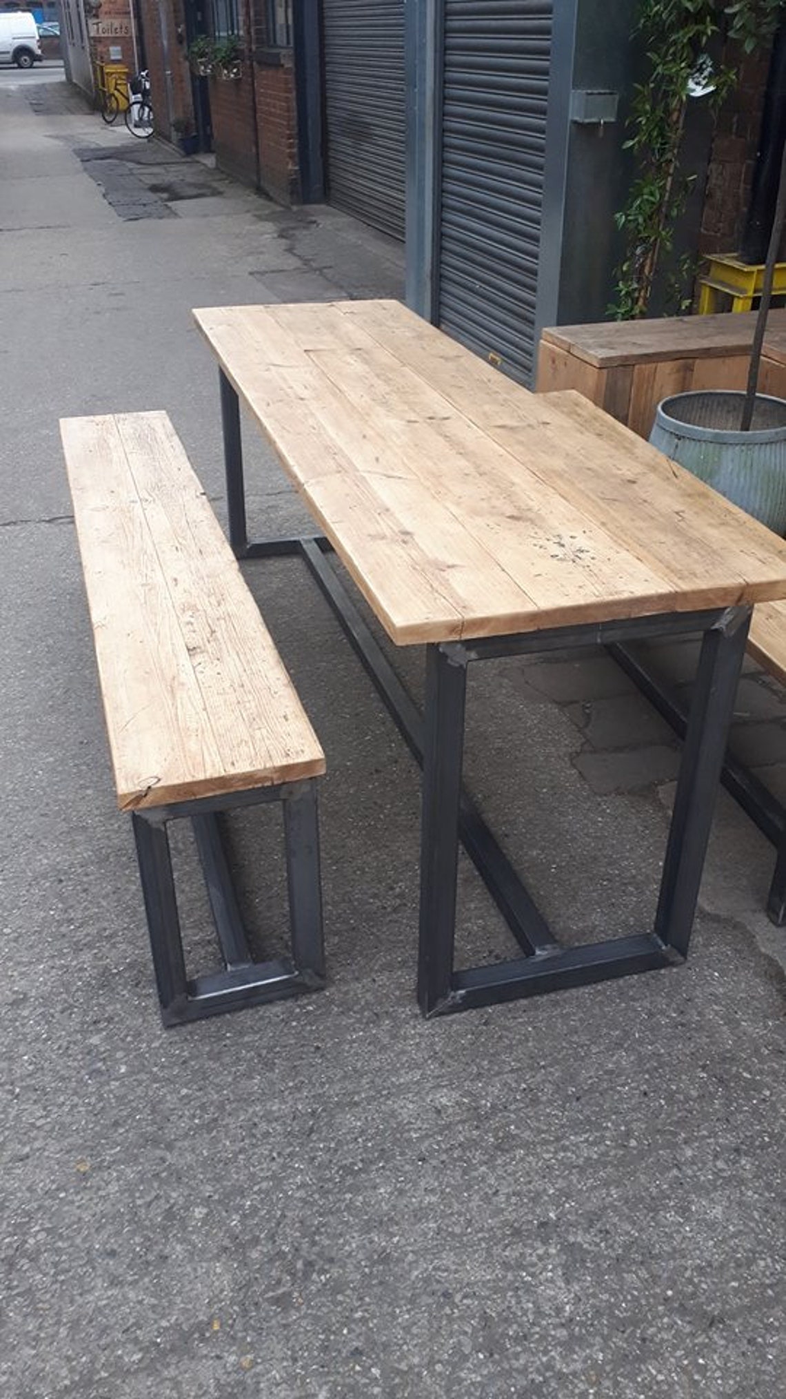 Steel box section & scaffold board table with matching benches | Etsy