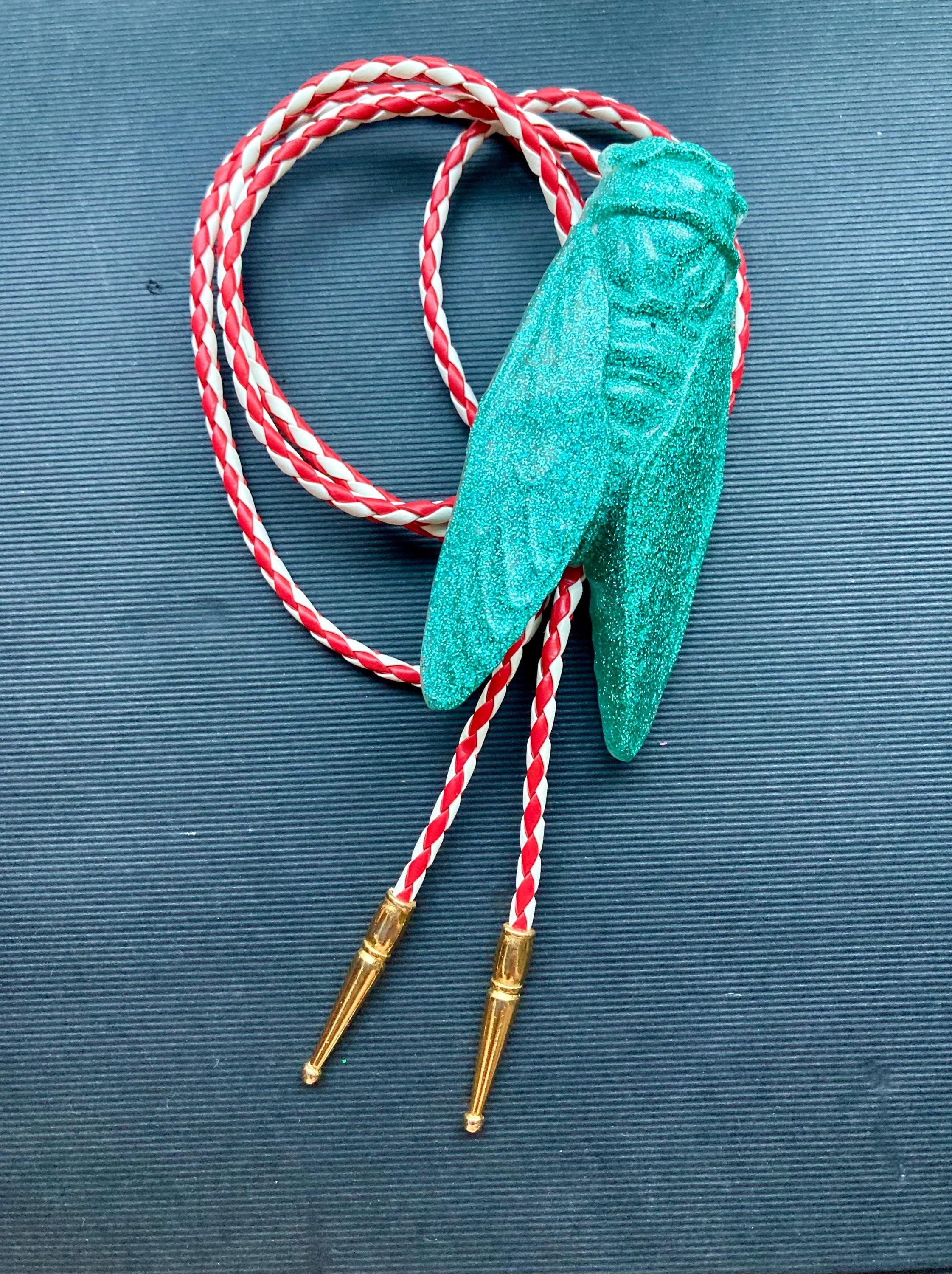 Turquoise Cicada Bolo Tie Red & White Cord Gold Tips - Etsy