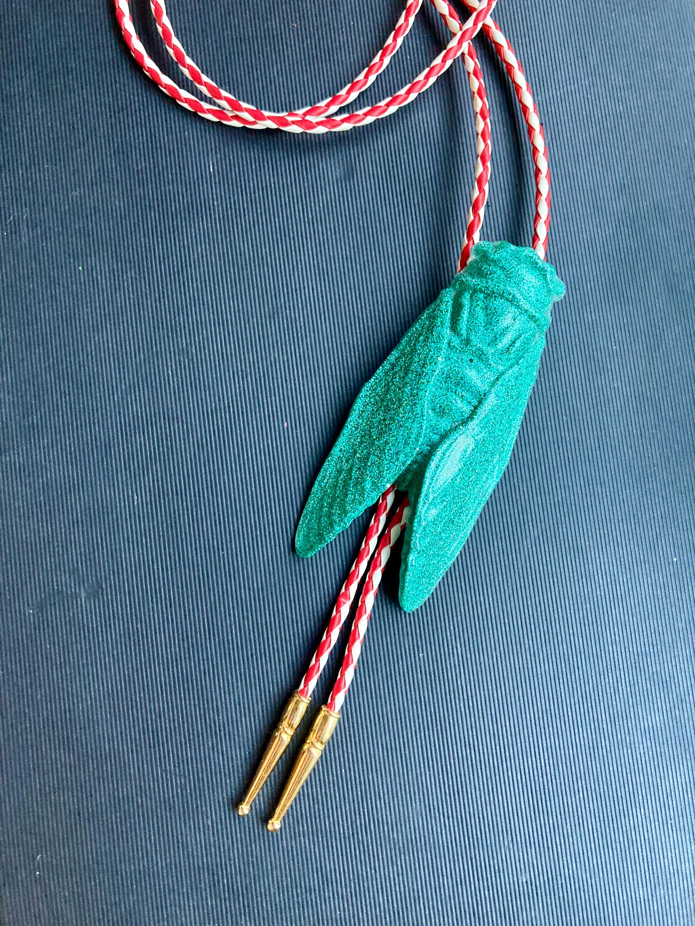 Turquoise Cicada Bolo Tie Red & White Cord Gold Tips - Etsy
