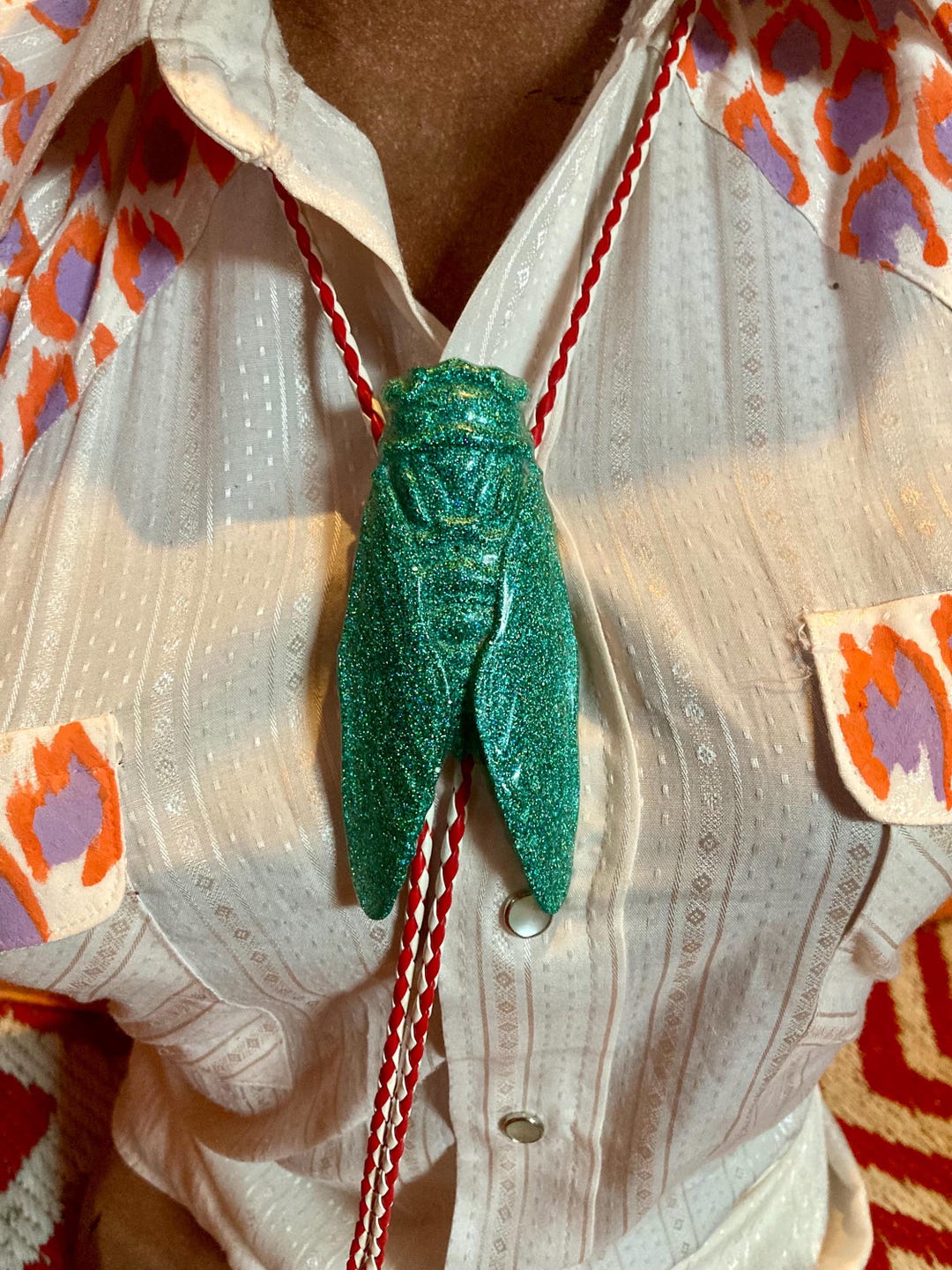 Turquoise Cicada Bolo Tie Red & White Cord Gold Tips - Etsy