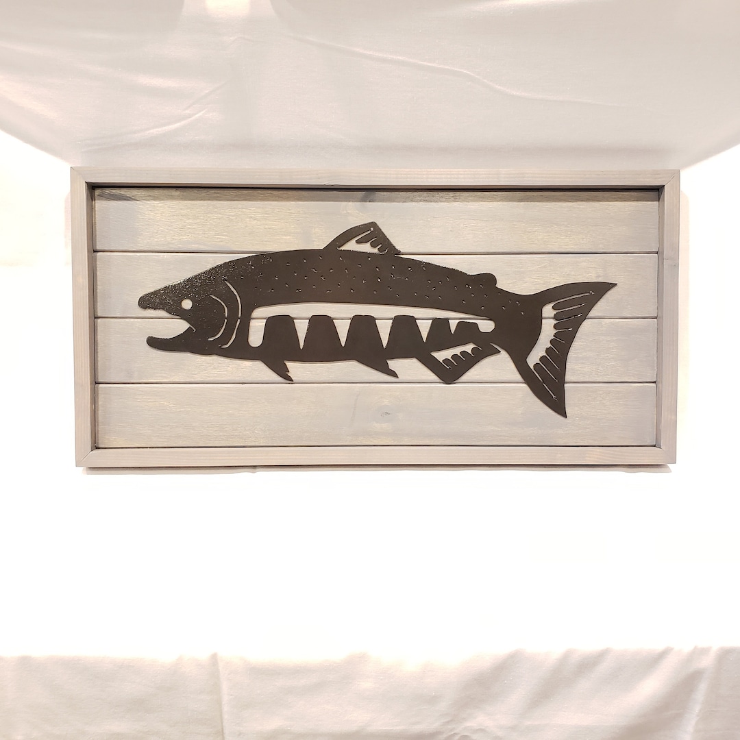 Framed Salmon Wall Art. Hand Made Wood Metal 20" Salmon, Metal Wall Art ...