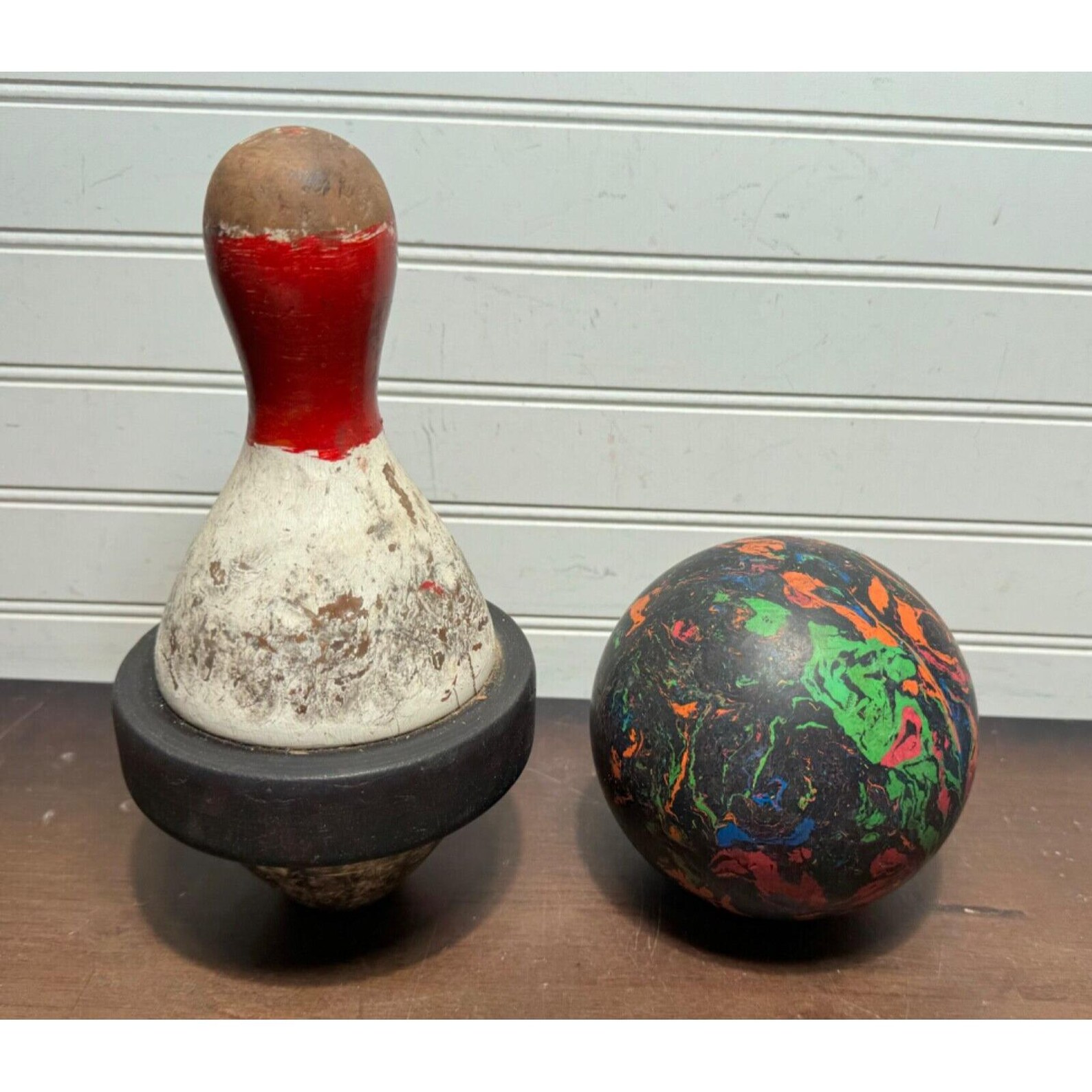Antique 1920s 30's Duck Pin Bowling Wood Pin W Multi Colored Ball. READ ...
