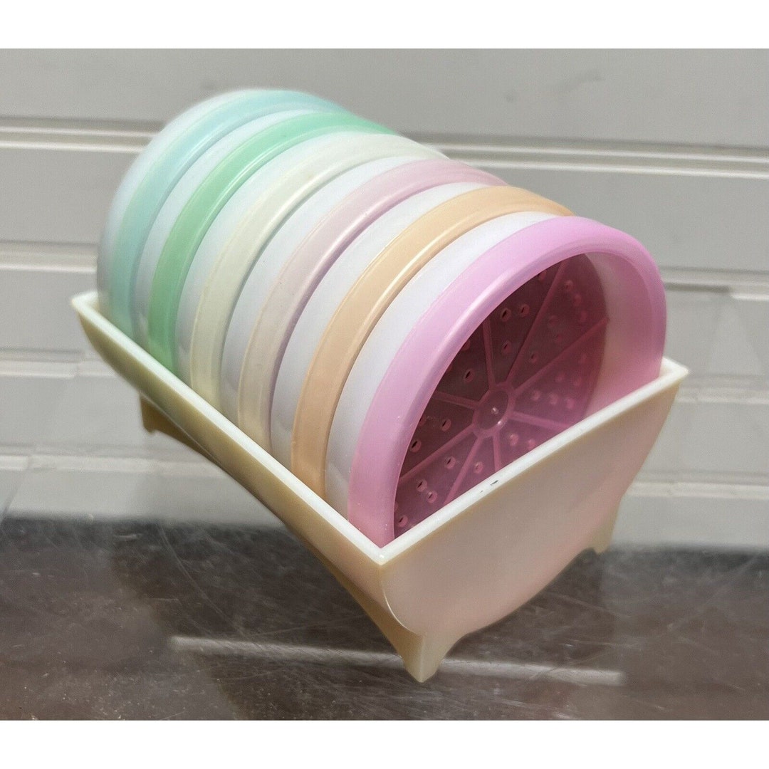 Vintage 3 Tupperware Pastel Wagon Wheel Coaster Set & Carrier 567 Pink ...