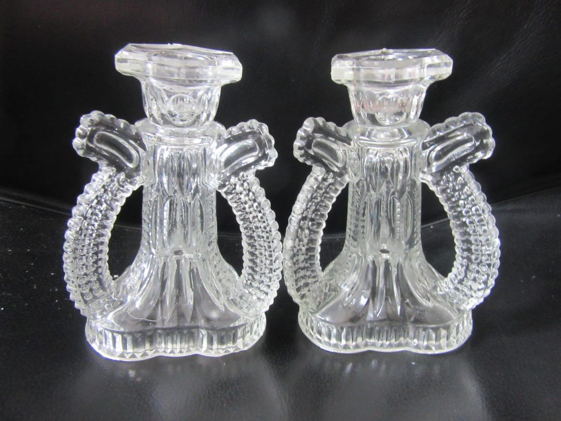 Sale : Art Deco Pair of Candlesticks Candle Holders, Pressed Glass, Can ...