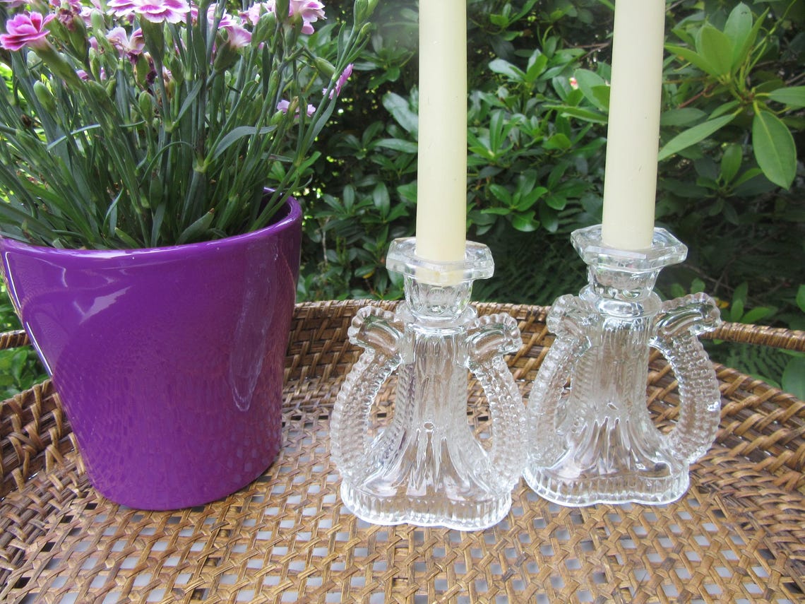Sale : Art Deco Pair of Candlesticks Candle Holders, Pressed Glass, Can ...