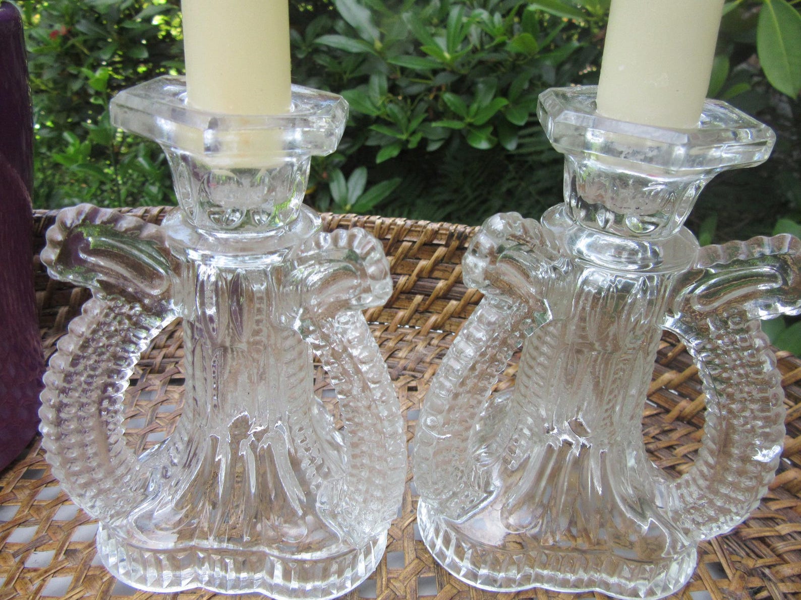 Sale : Art Deco Pair of Candlesticks Candle Holders, Pressed Glass, Can ...