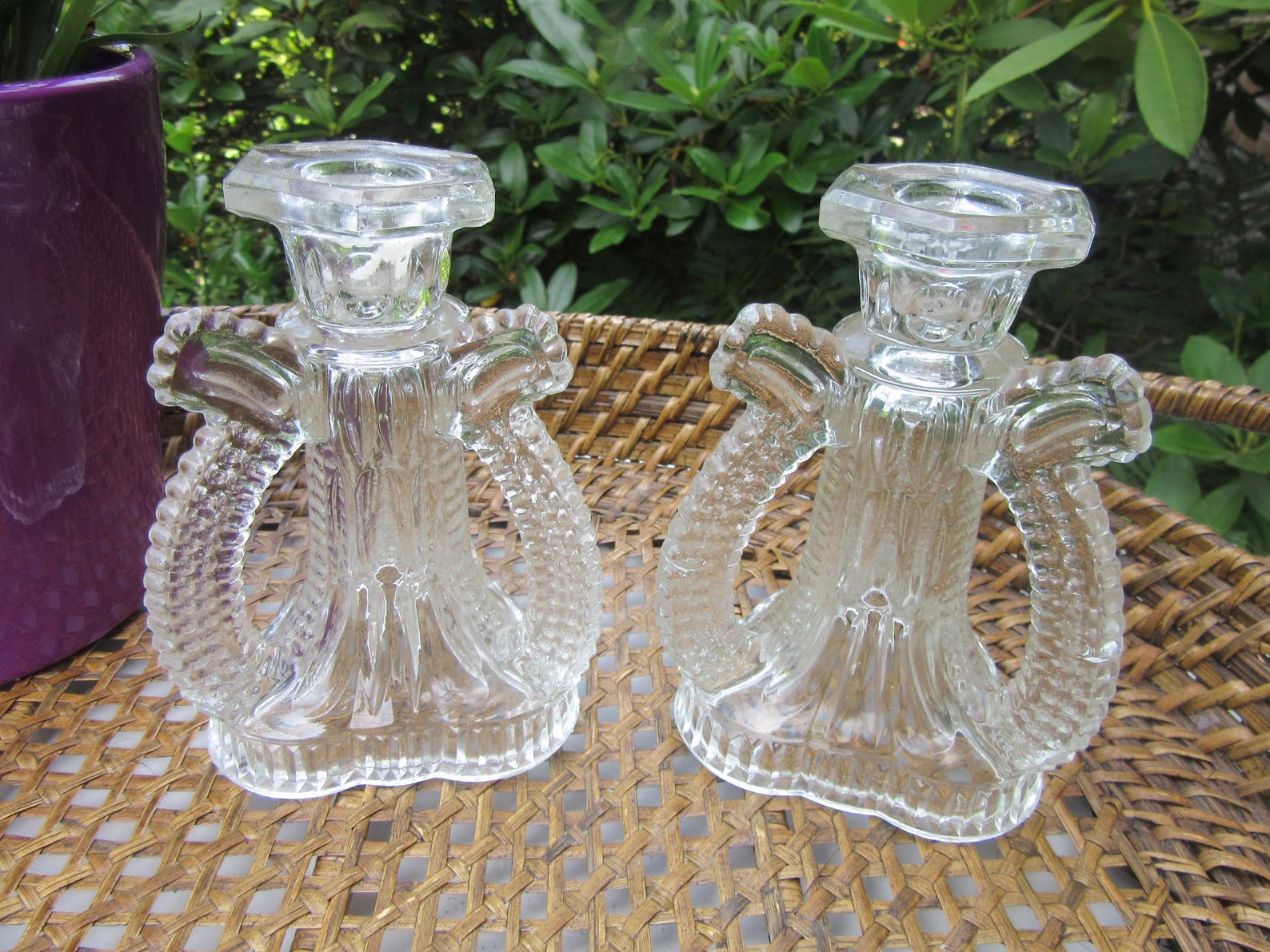 Sale : Art Deco Pair of Candlesticks Candle Holders, Pressed Glass, Can ...