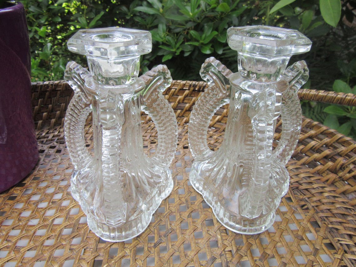 Sale : Art Deco Pair of Candlesticks Candle Holders, Pressed Glass, Can ...