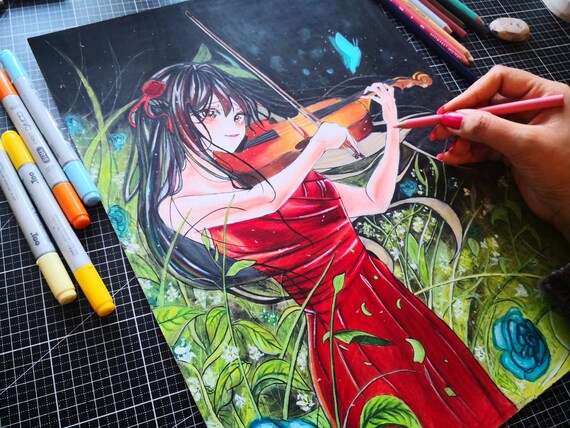 Anime Girl Playing Violin Drawing