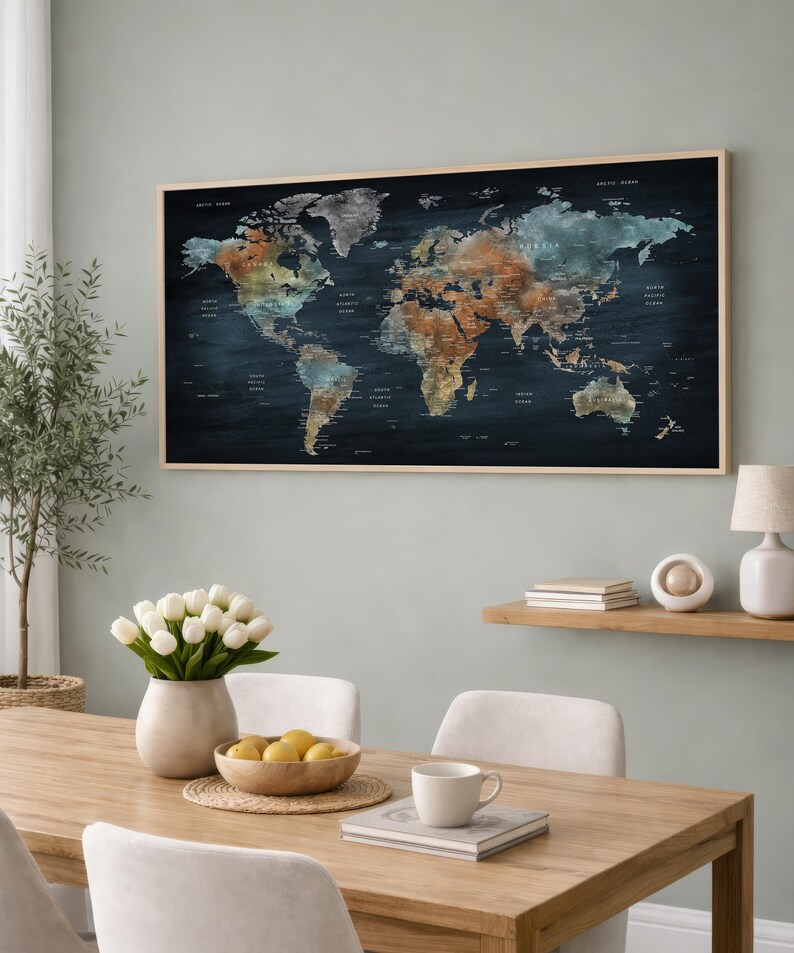 World Map Wall Art Panoramic, Bluish Watercolor Poster, Framed or ...
