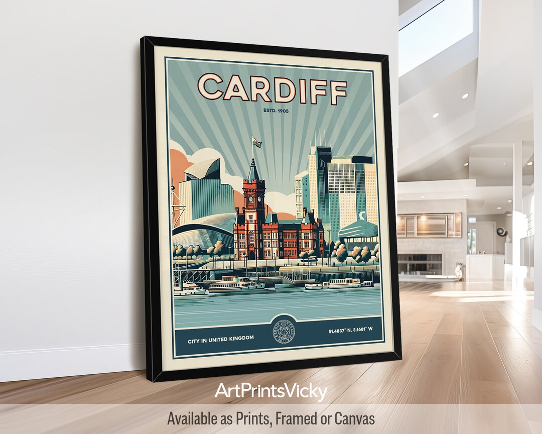Cardiff Print Wales Cardiff Travel Poster in Retro Style Skyline Wall ...