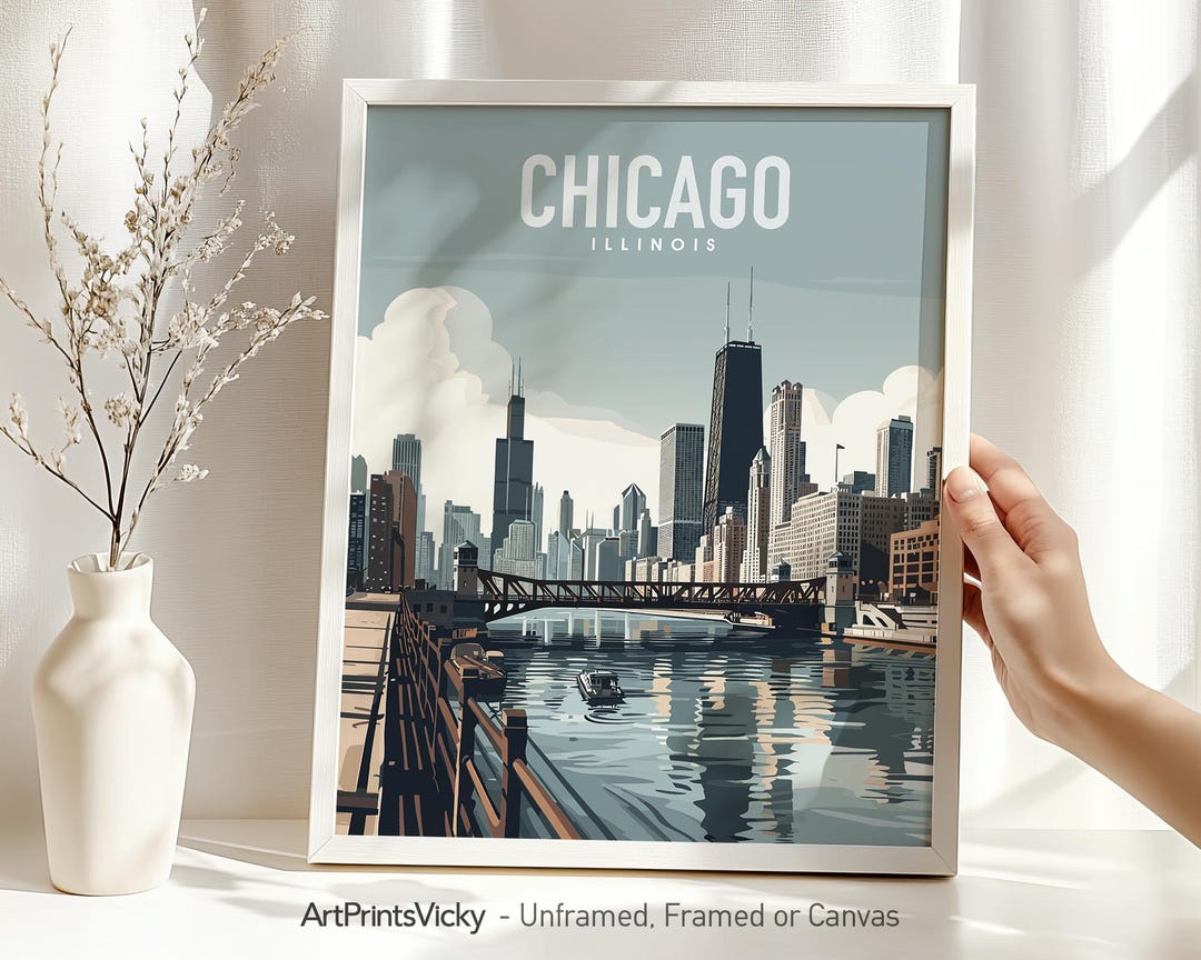 Chicago Art Print - Chicago Poster Skyline, Travel Wall Art Decor for ...