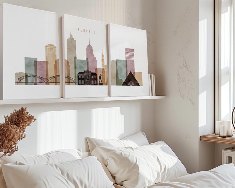 Memphis 3 Piece Wall Art Prints, Tennessee Skyline Poster Set - Etsy