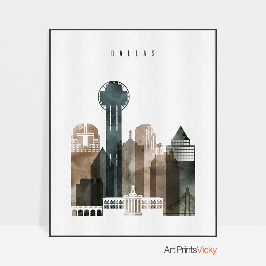Dallas skyline art print Dallas watercolor poster Wall art | Etsy