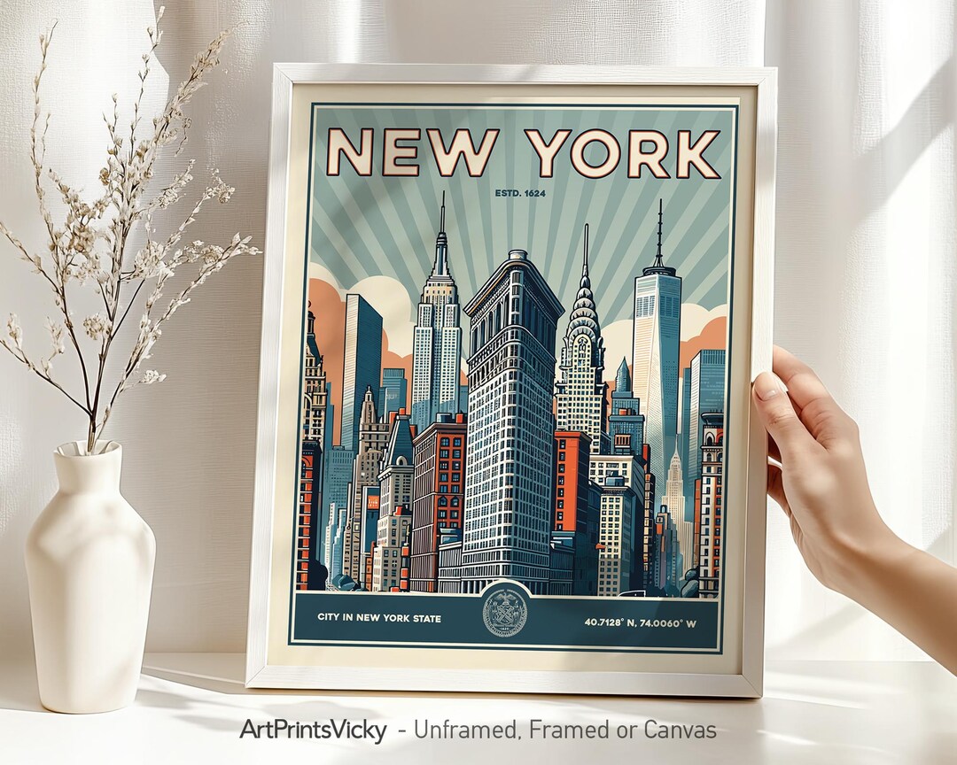 Retro New York Print, Wall Art Poster, NYC Skyline, Travel Gifts, Home ...