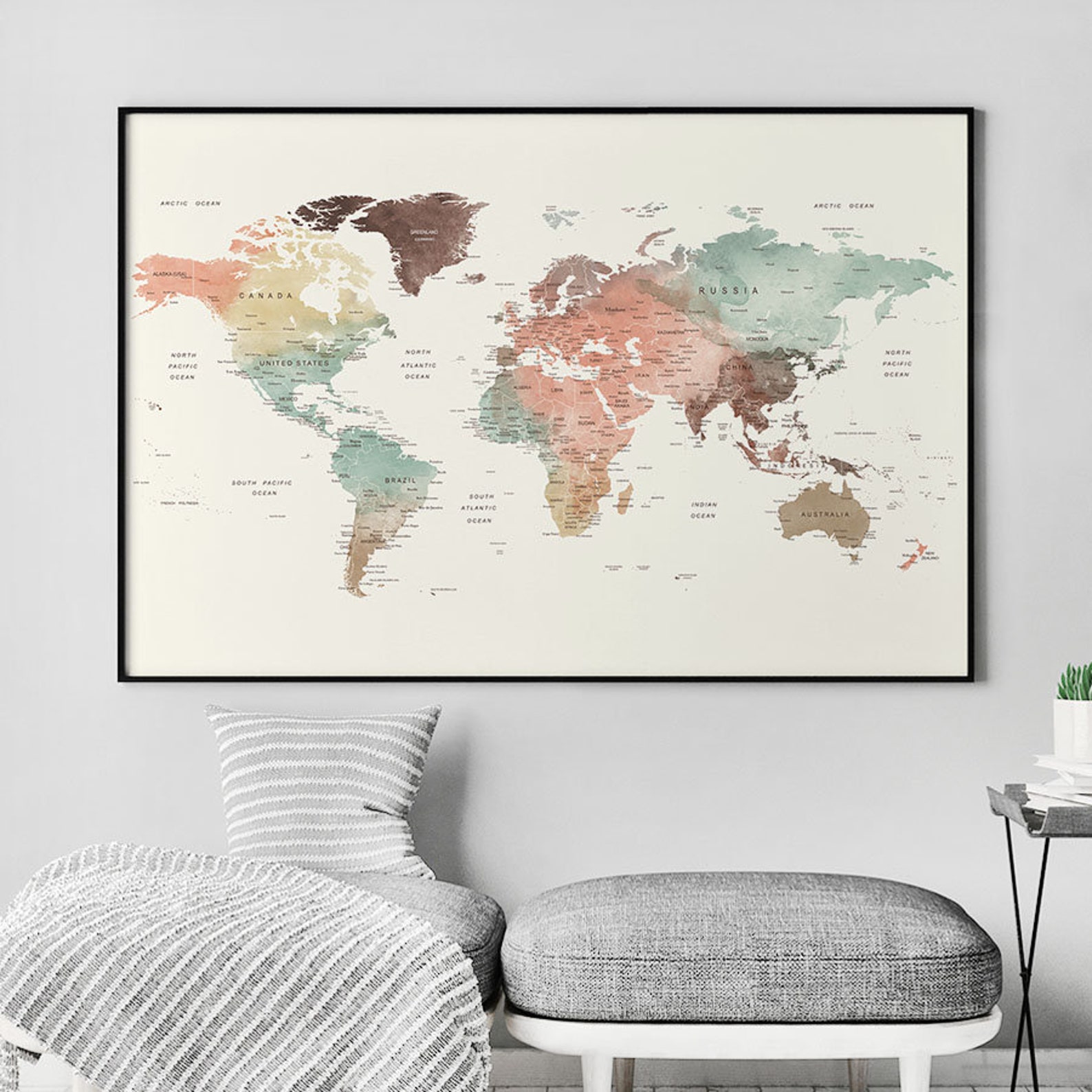 Detailed world map unique world map poster travel map | Etsy
