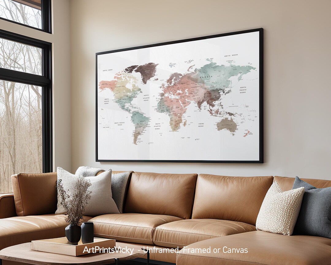 World Map Wall Art, Travel Map Poster, Pastel Map Print ...