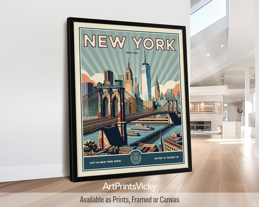 New York City Print Wall Art NYC Skyline in Retro Style, New York ...