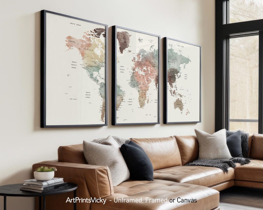 World Map 3 Piece Wall Art Prints, World Map Poster Set ...