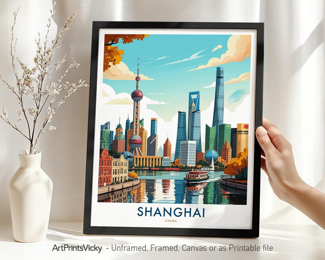Shanghai Skyline Travel Poster – China, Shanghai Print, Cityscape Wall ...