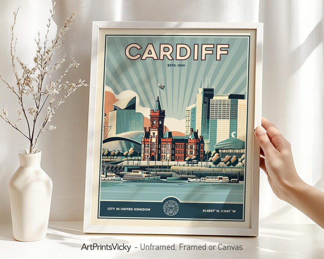 Cardiff Print Wales Cardiff Travel Poster in Retro Style Skyline Wall ...