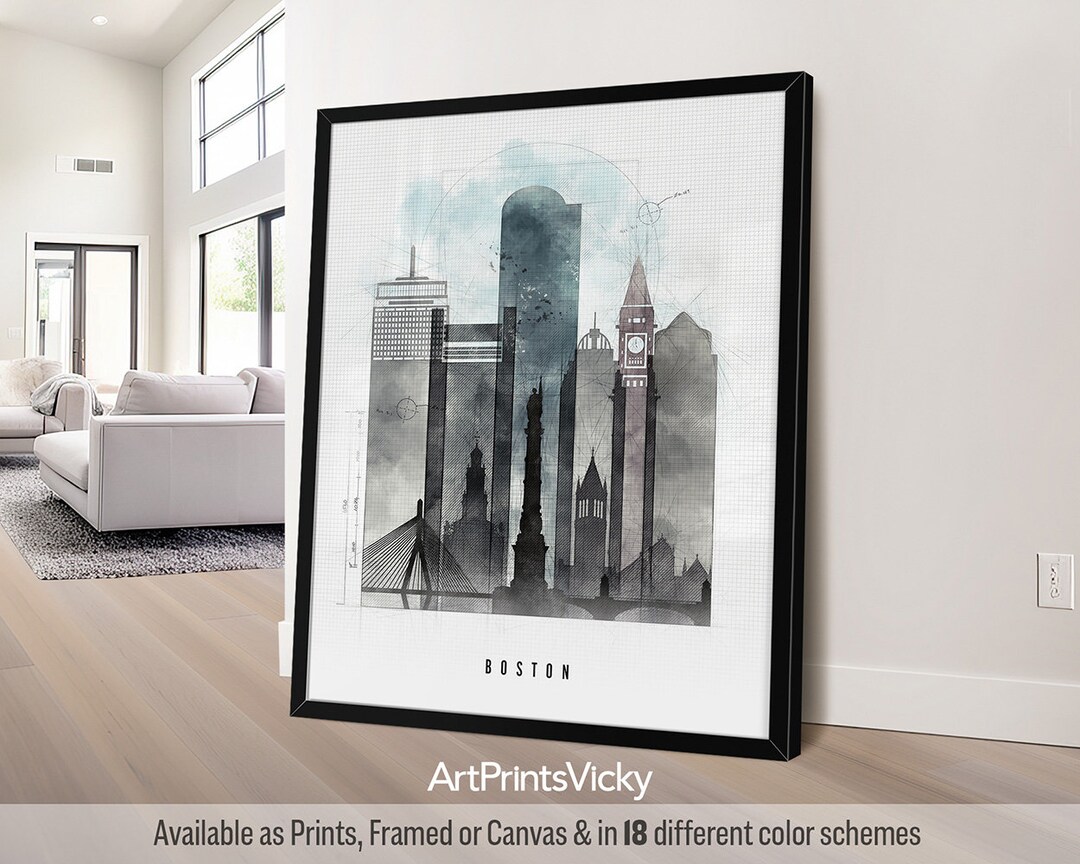Boston Poster, Boston Wall Art Print Skyline, Massachusetts Travel ...