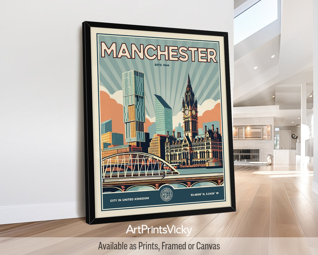 Manchester Print Manchester Wall Art Poster in Retro Style Travel Gifts ...