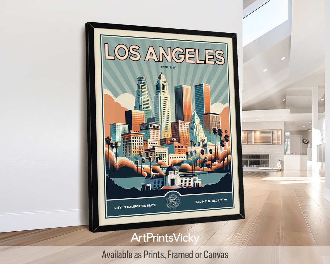 Los Angeles Prints Los Angeles Poster Skyline in Retro Style Wall Decor ...
