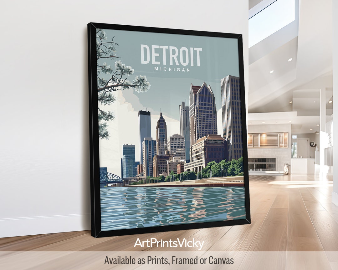 Detroit Travel Poster, Detroit Print Skyline, Michigan Wall Art, Decor ...