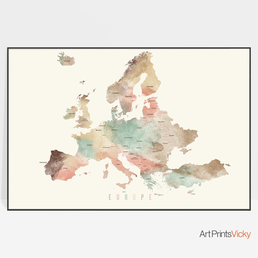 Detailed Europe map poster Europe map print ArtPrintsVicky | Etsy