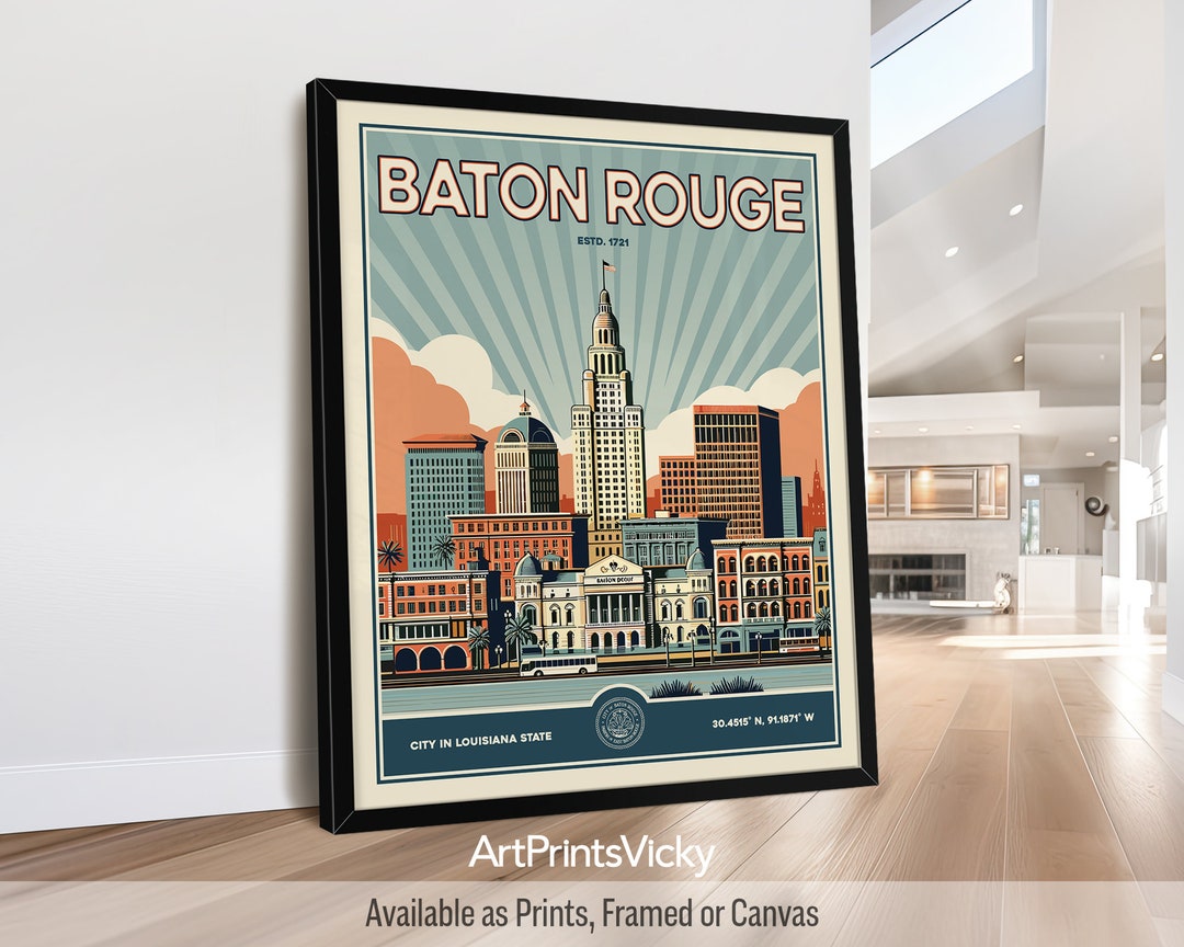 Baton Rouge Art Print Baton Rouge Poster in Retro Style Louisiana Wall ...