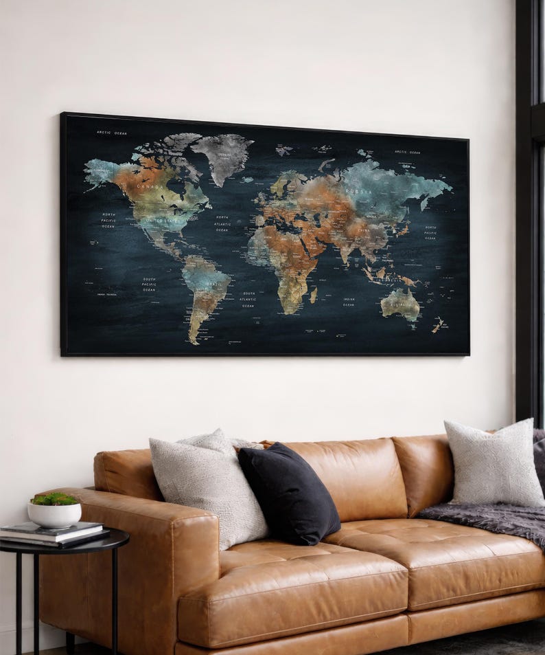 World Map Wall Art Panoramic, Bluish Watercolor Poster, Framed or ...