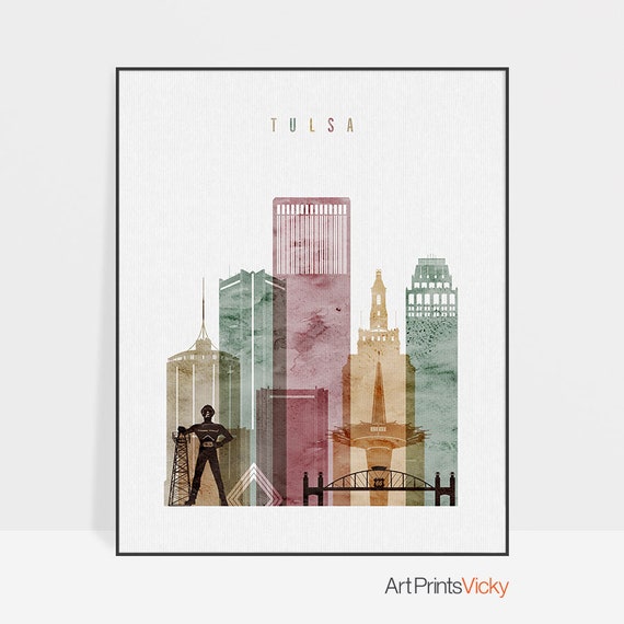 Tulsa skyline art print watercolour Poster Travel decor | Etsy