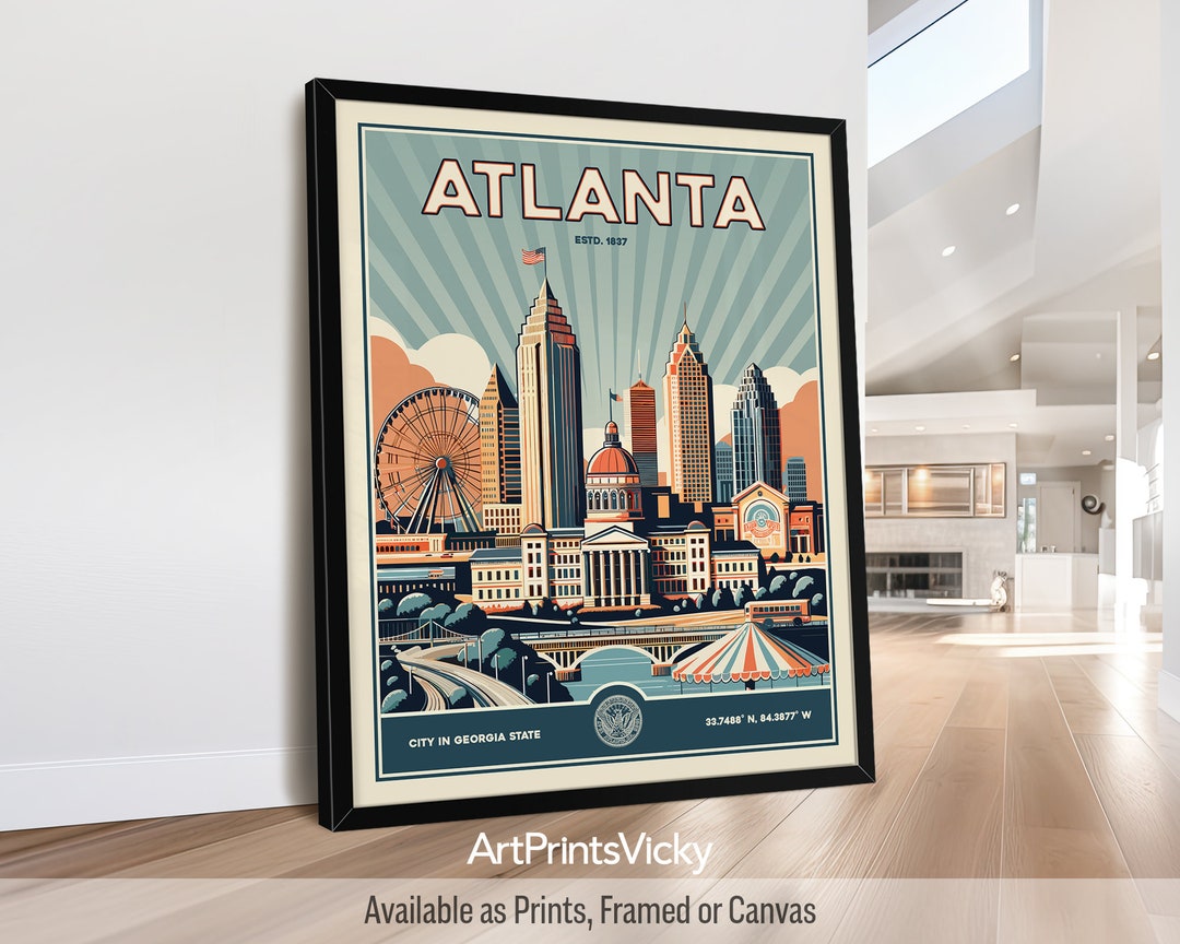 Atlanta Art Print Atlanta Poster Skyline in Retro Style Georgia Wall ...