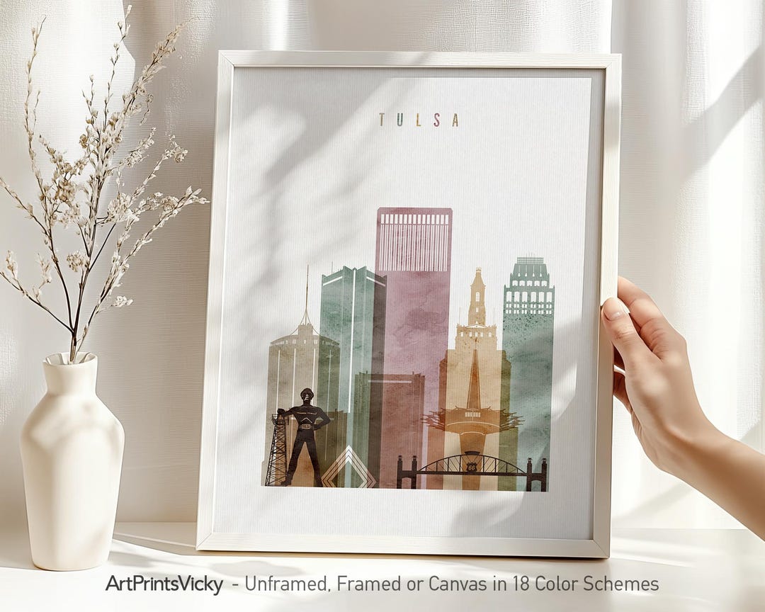 Tulsa Skyline Art Print, Watercolour Poster, Travel Decor, Wall Art ...