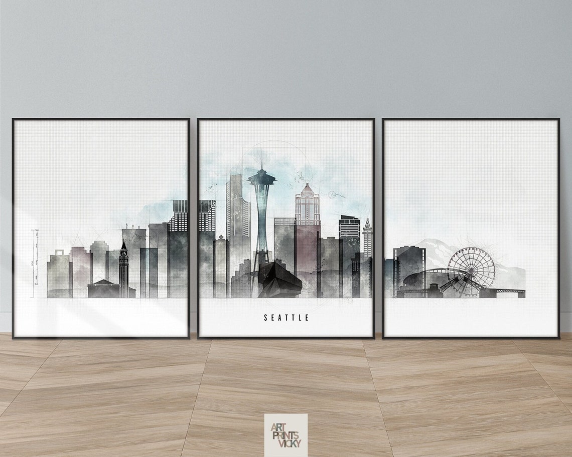 Seattle Skyline Art Print Seattle 3 Piece Wall Art Seattle - Etsy