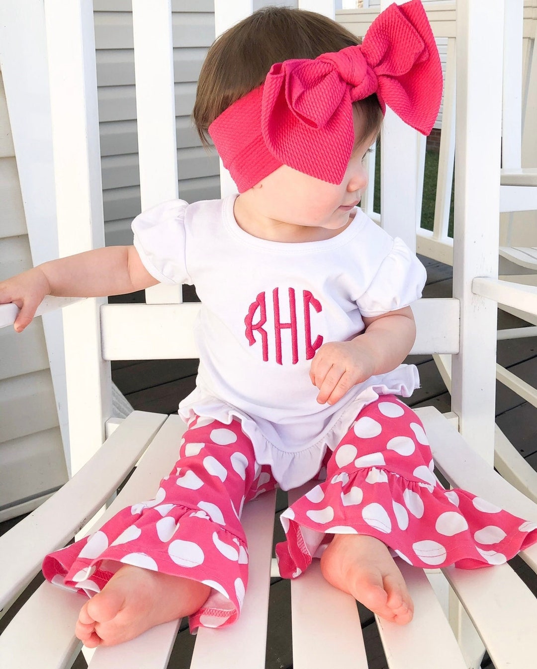 Girls Ruffled Pant Set, Monogrammed Outfit, Bell Bottom Pants, Polka ...