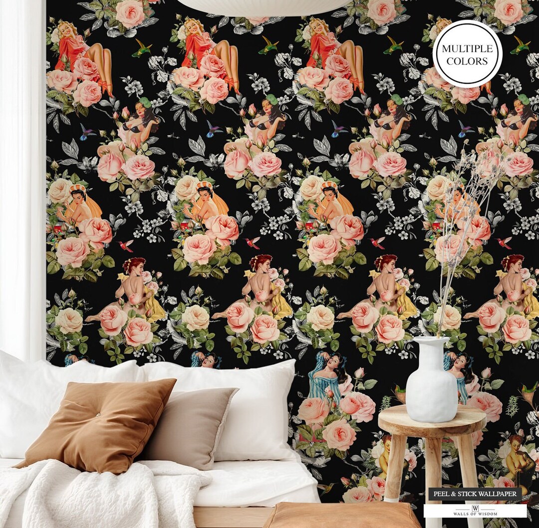 Dark Floral Pinup Colorful Wallpaper, Boho Wallpaper Maximalist Decor ...