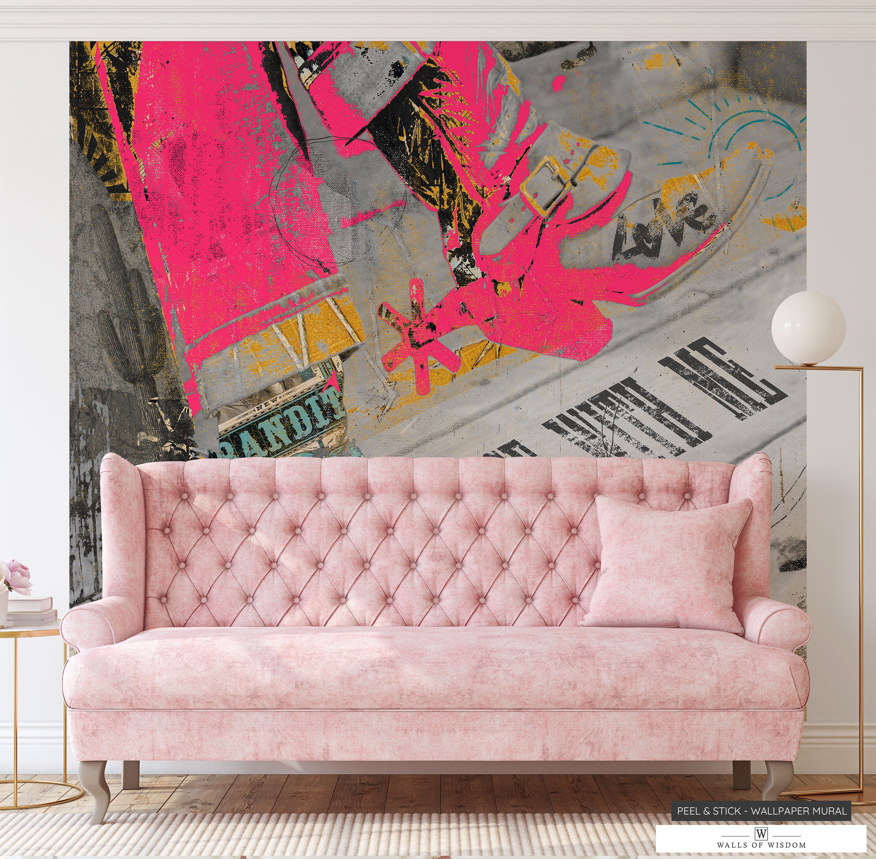 Pink Cowgirl Western Decor Wallpaper, Cowboy Boot Mural Art Peel and ...
