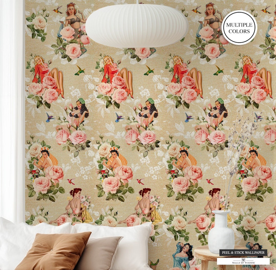 Pink Flowers Pinup Colorful Wallpaper, Boho Wallpaper Maximalist Decor ...